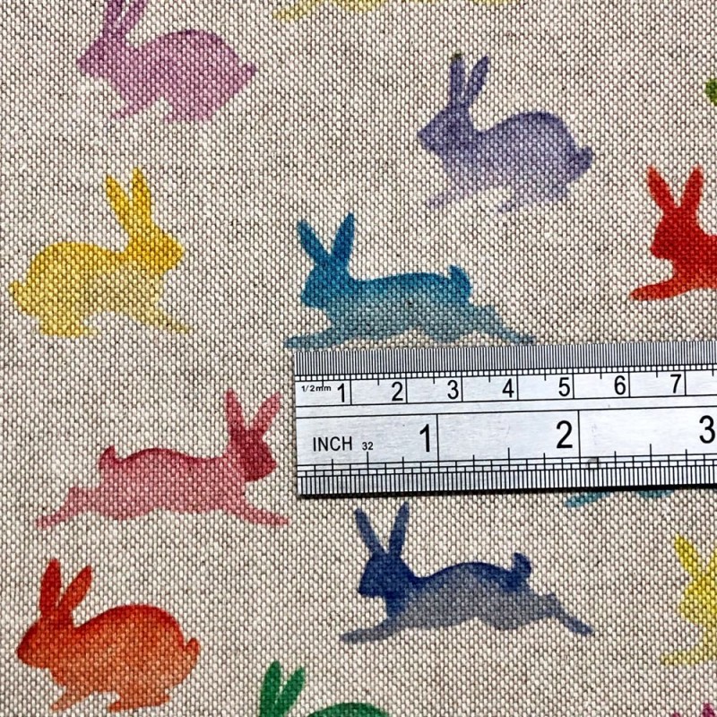 Cotton Rich Linen Look Fabric Digital Rainbow Bunny Rabbits Upholstery