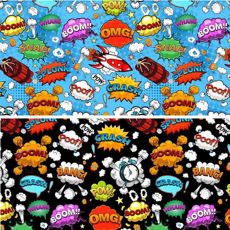 100% Cotton Digital Fabric Oh Sew Cartoon Boom Crash Bang 140cm Wide