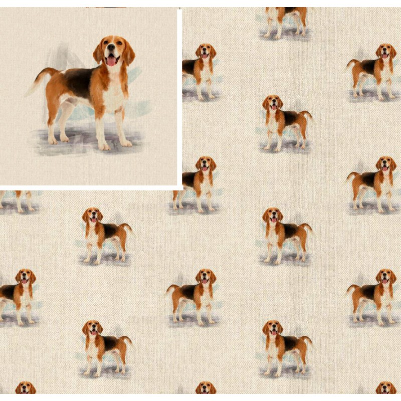 Cotton Rich Linen Look Fabric Beagle Dog Or Panel Upholstery