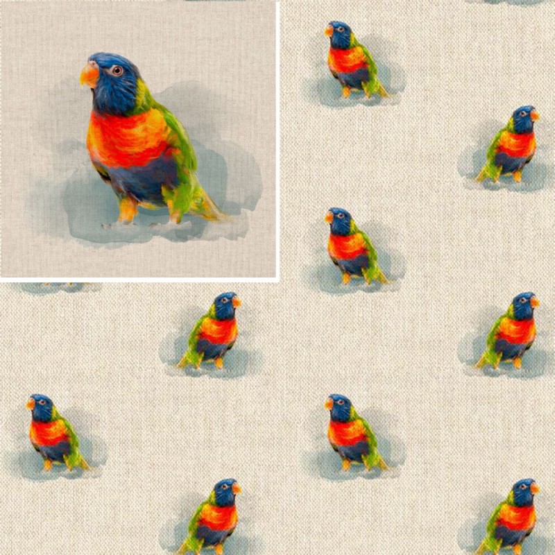 Cotton Rich Linen Look Fabric Rainbow Parrot Bird Or Panel Upholstery
