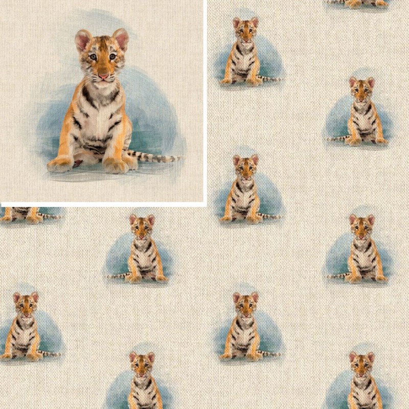 Cotton Rich Linen Look Fabric Tiger Cub Or Panel Upholstery