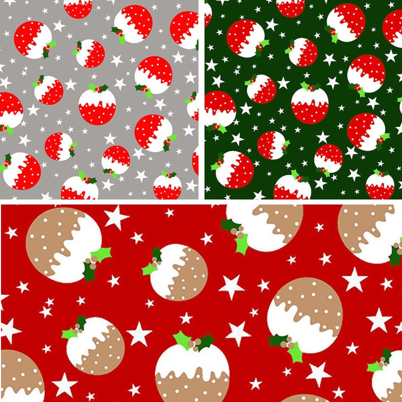 Polycotton Fabric Christmas Puddings Stars Holly