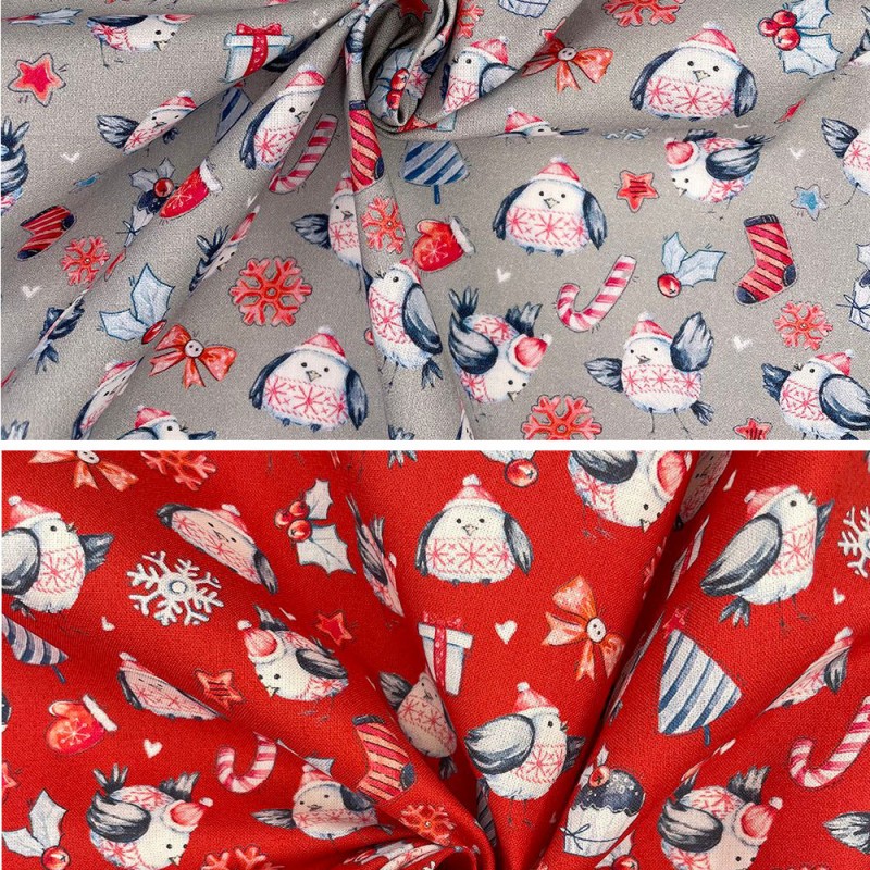 100% Cotton Digital Fabric Christmas Robins Stocking Candy Cane Festive ...