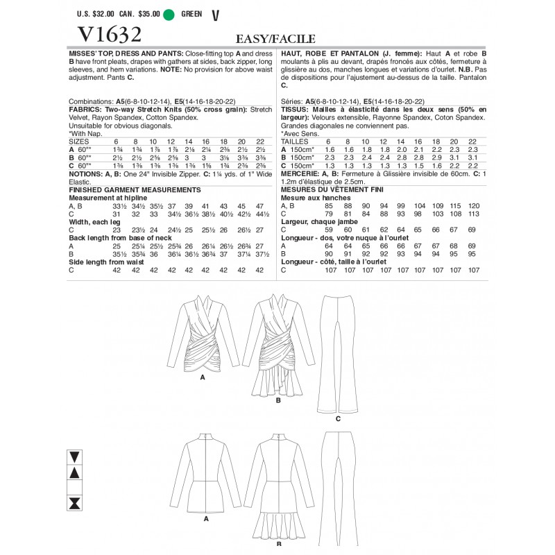 Vogue Sewing Pattern V1632 Misses' Dress or Top and Trousers Evening Wear