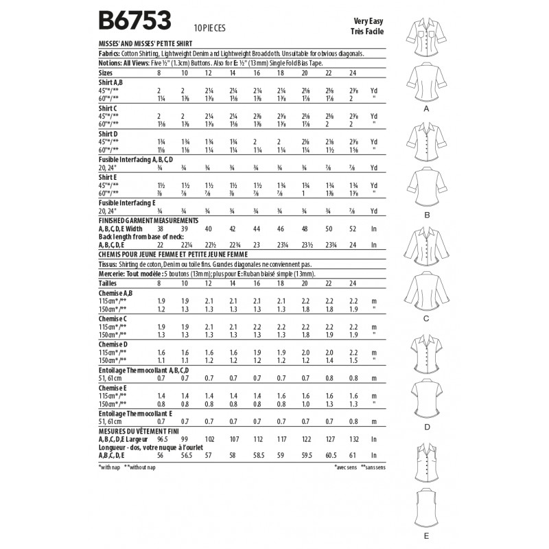 Butterick Sewing Pattern B6753 Misses/Petite Semi Fitted Shirt Button Down