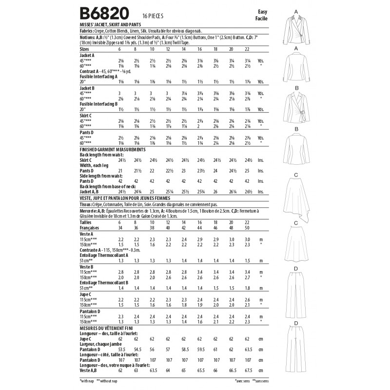 Butterick Sewing Pattern B6820 Misses' Jacket Skirt Trousers Suit Workwear