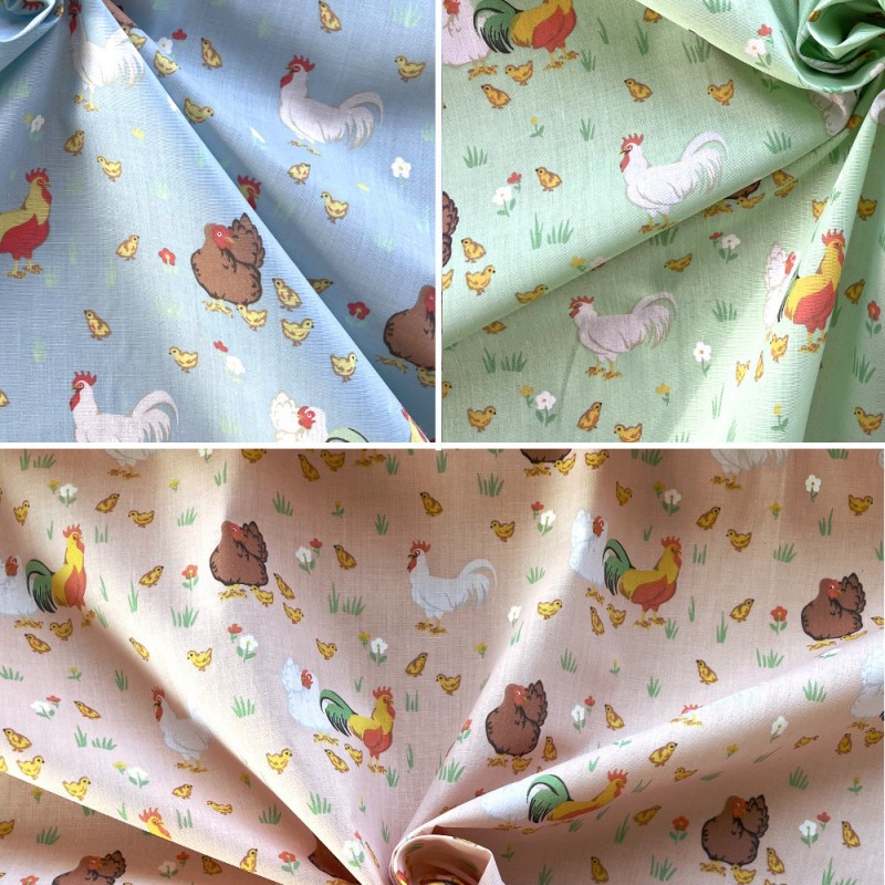 Polycotton Fabric Chicken Family Chickens Chicks Hens Farm Animals