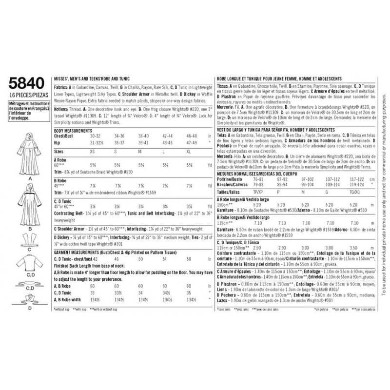 Simplicity Fabric Sewing Patterns 5840 Misses, Men & Teen Costumes