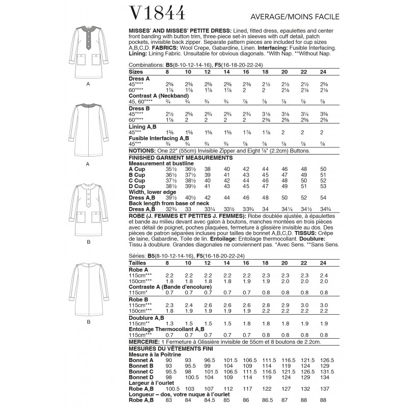 Vogue Sewing Pattern V1844 Misses' Dress Epaulettes and Centre Front ...