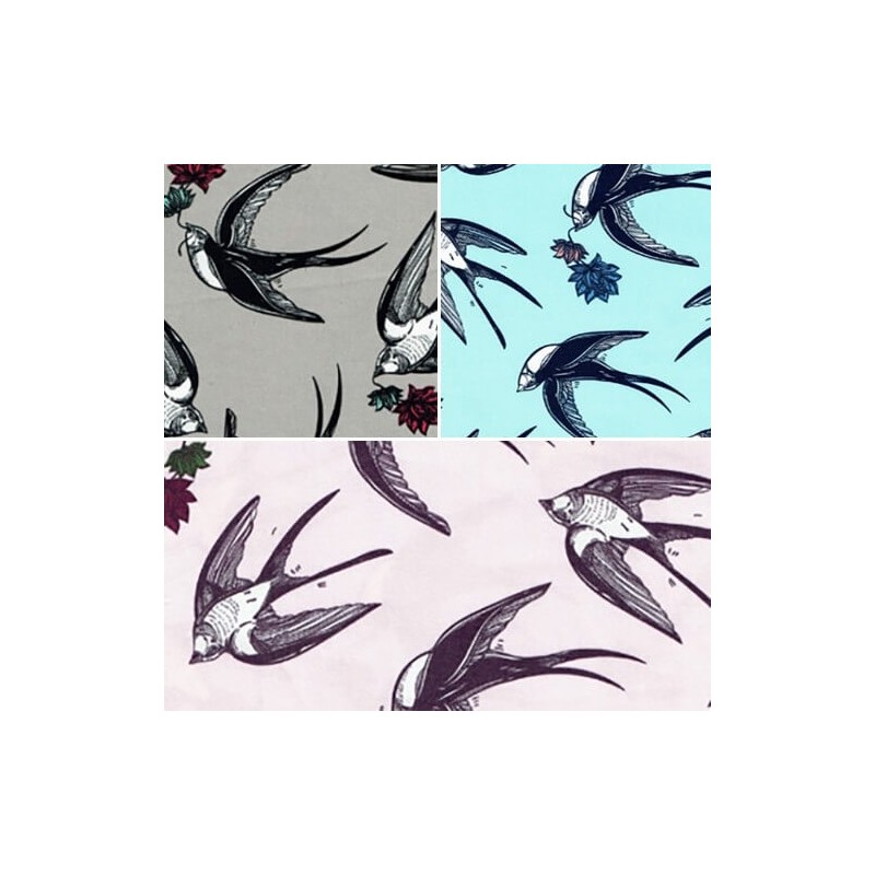 Swooping Large Swallows Birds Flowers 95% Cotton Fabric 5% Elastane...