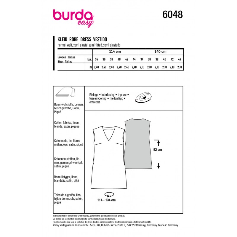 Burda Sewing Pattern 6048 Misses' Semi Fitted Sleeveless Shift Dress