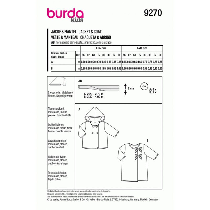 Burda Sewing Pattern 9270 Babies’ jacket with Hood or Coat