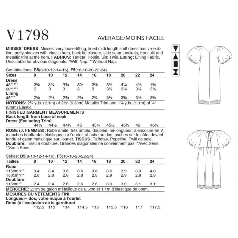Vogue Sewing Pattern V1798 Misses' Very Loose-fitting Lined Midi Shift ...