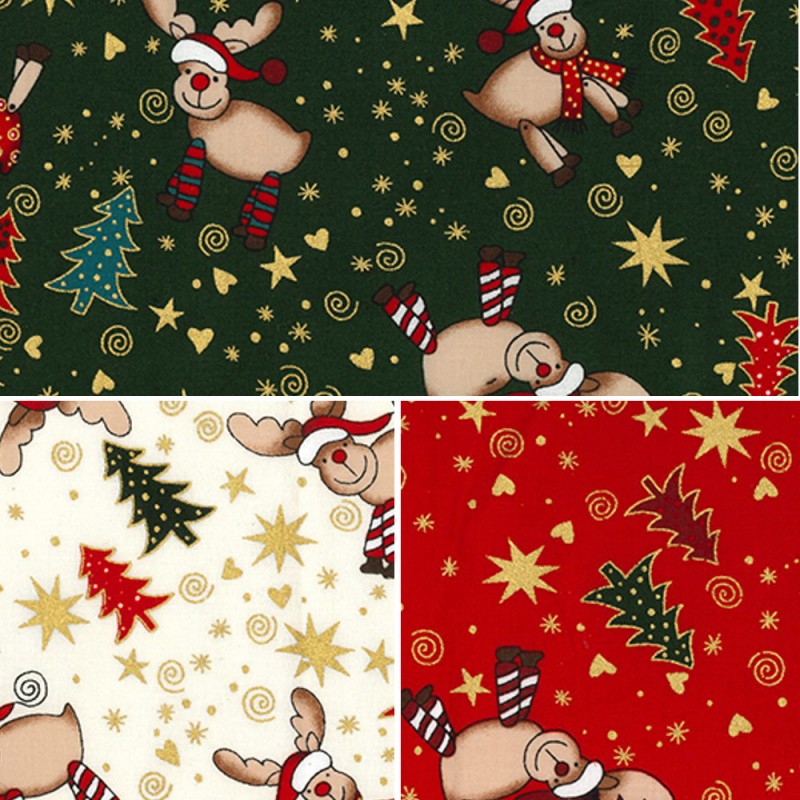 100% Cotton Fabric Rose & Hubble Christmas Rudolph Red Nose Reindeer ...