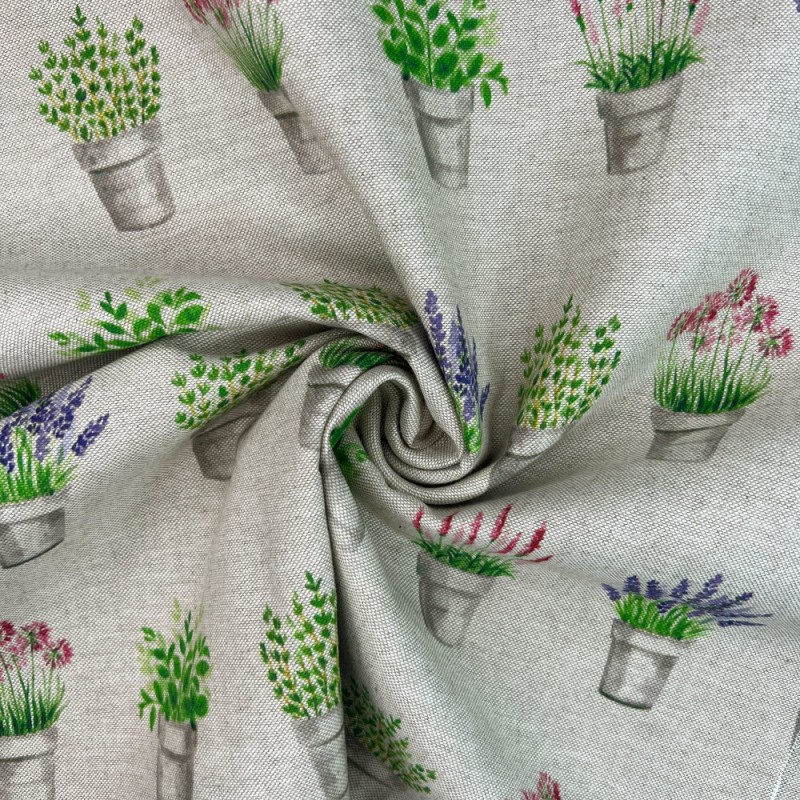 Cotton Rich Linen Look Digital Fabric Flower Pots Lavender Plants Gardening