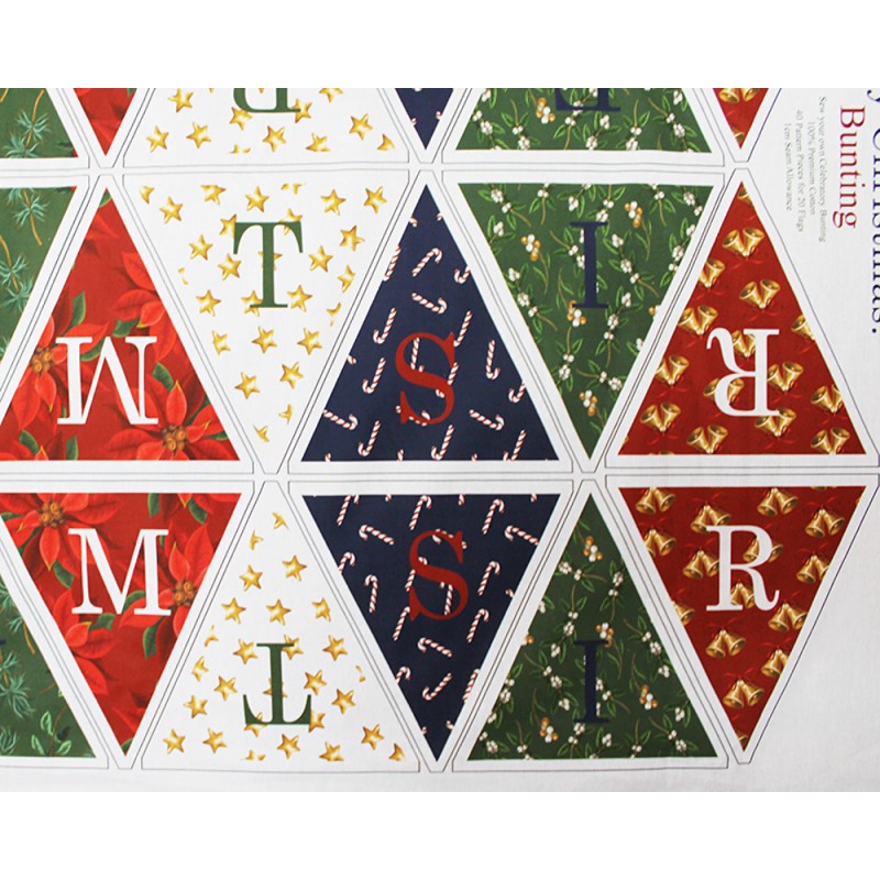 100% Premium Cotton Fabric Merry Christmas Bunting Panel Little Johnny