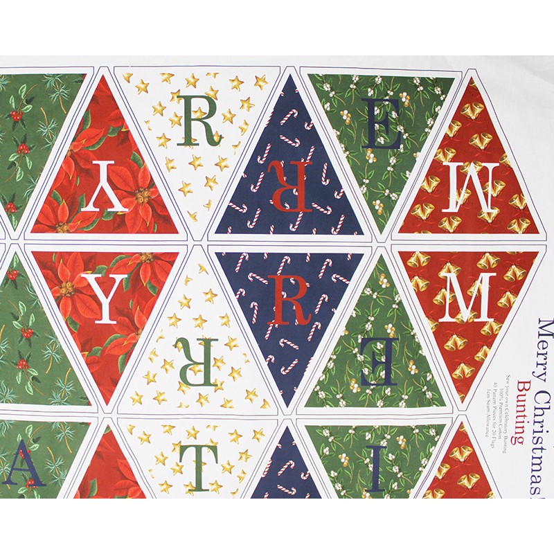 100% Premium Cotton Fabric Merry Christmas Bunting Panel Little Johnny