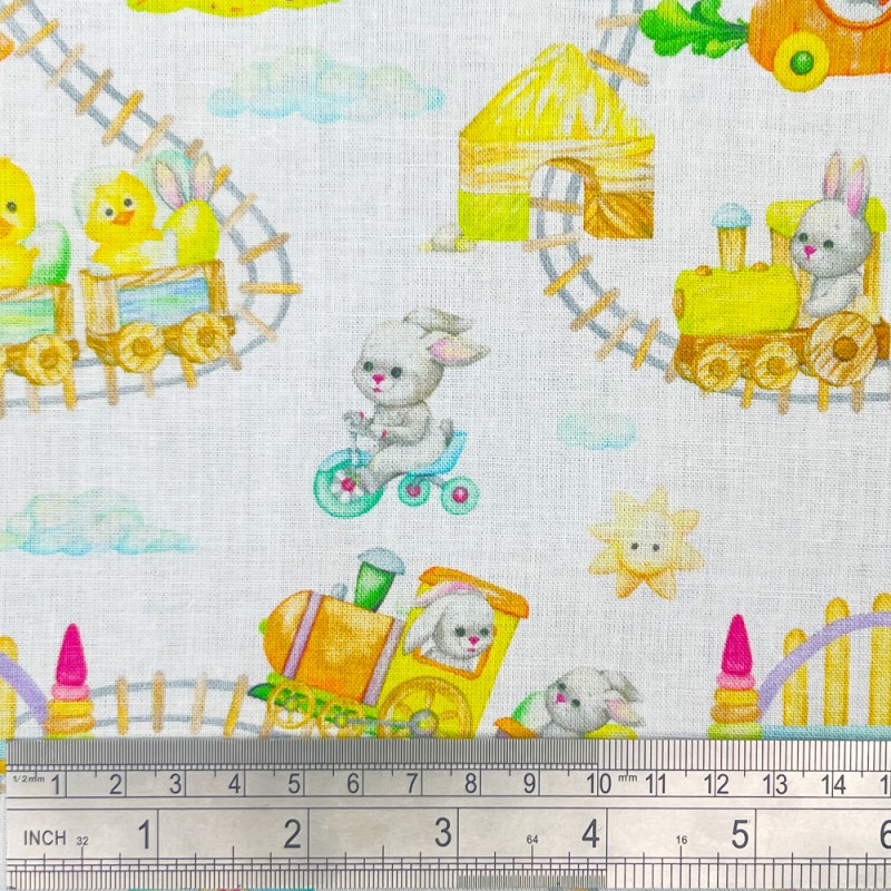 100% Cotton Digital Fabric Easter Bunny Chick Animals Train Town 140cm Wide