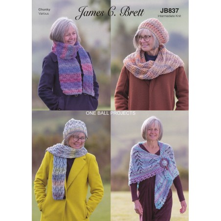 Knitting Pattern James C Brett JB837 Hat Scarf Shawl Pattern Marble Chunky