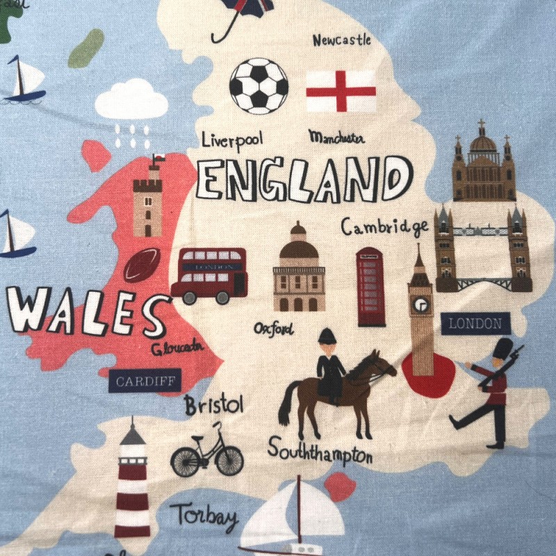 100% Cotton Digital Fabric Oh Sew United Kingdom Cartoon Country Map Panel