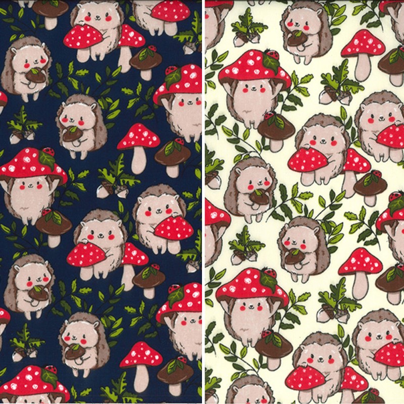 Polycotton Fabric Hedgehog Mushrooms Toadstool Cottagecore Fairytale Forest