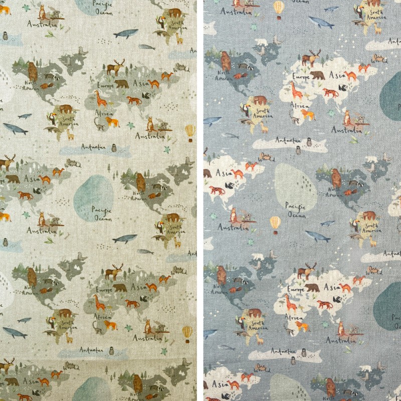 Digitally Printed Fabric Pure Cotton Panama Animal Kingdom Map Animals ...