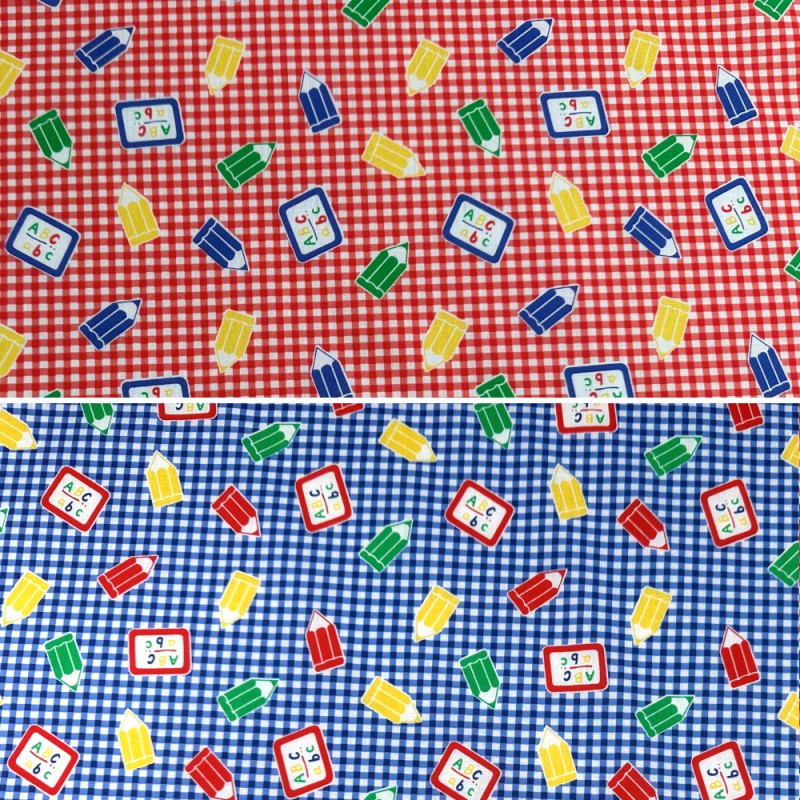Polycotton Fabric Checkered Pencil Crayons ABC Learning Nursery Checks ...