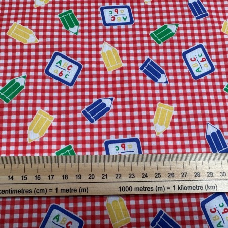 Polycotton Fabric Checkered Pencil Crayons ABC Learning Nursery Checks ...
