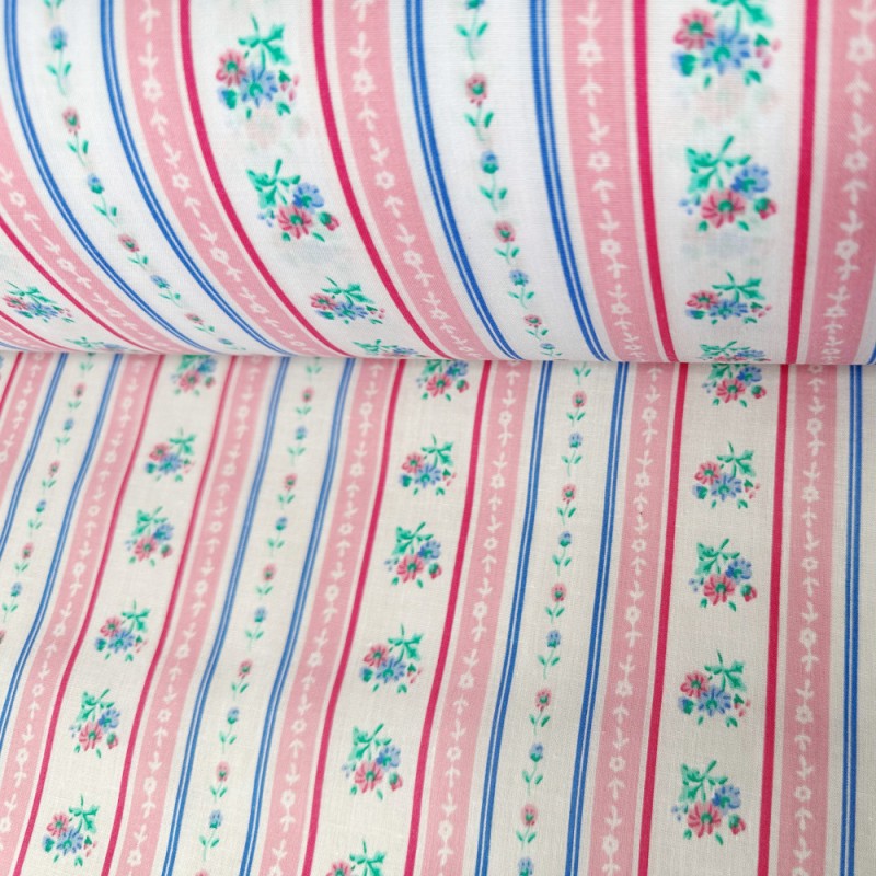 Polycotton Fabric Vintage Rows of Flowers Floral Stripes Princes Way