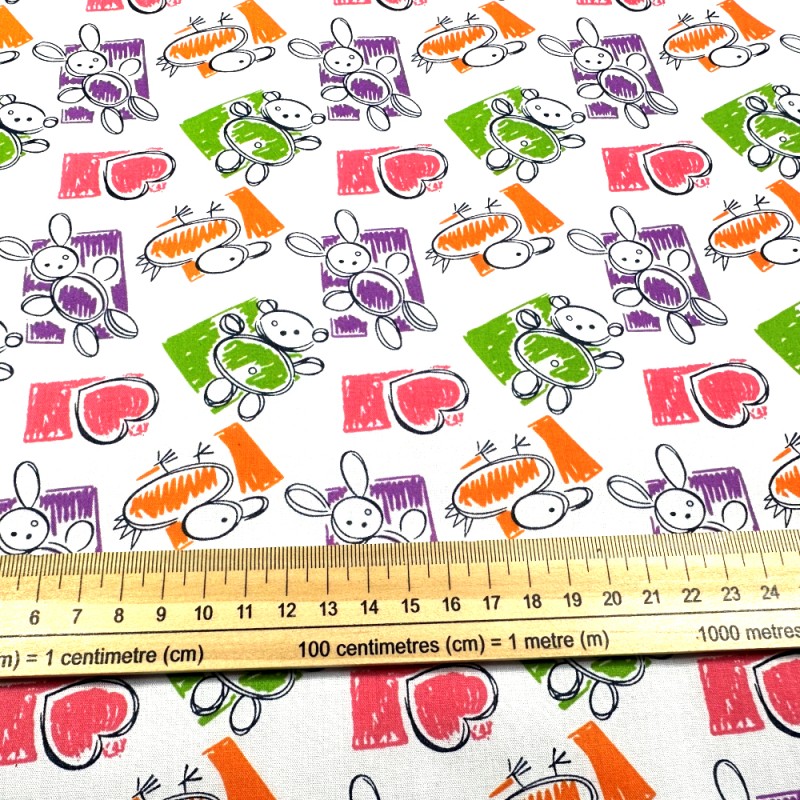 Polycotton Fabric Rainbow Colouring Teddy Duck Rabbit Hearts Toys Kids ...