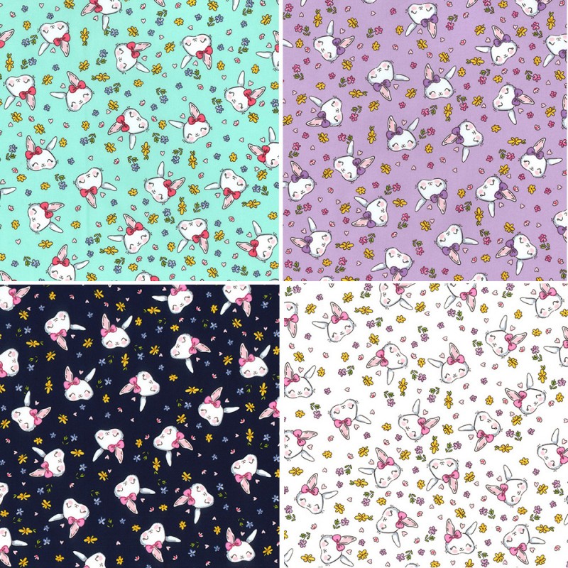 100% Cotton Poplin Fabric Rose & Hubble Cute Bunny Rabbit Floral