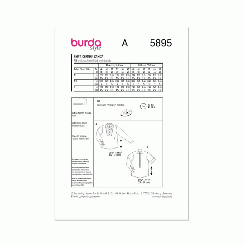 Burda Style Sewing Pattern 5895 Men's Slip-On Top With Stand Or Classic ...