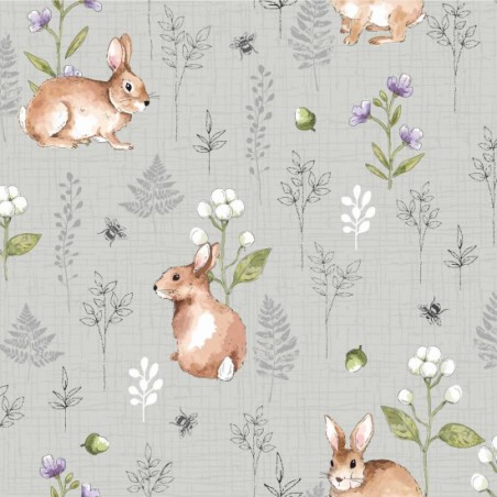 100% Cotton Fabric Nutex Woodland Rabbits Bunny Bunnies Wild Flower ...