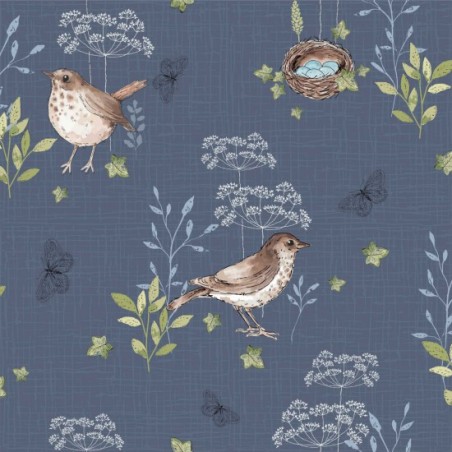100% Cotton Fabric Nutex Woodland Thrush Birds Bird Wild Flowers Nest ...