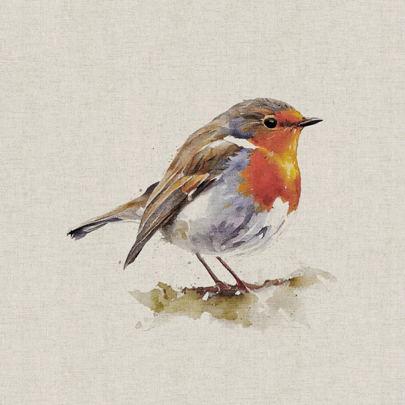 Cotton Rich Linen Look Fabric Digital Watercolour Robin Bird Animal Panel