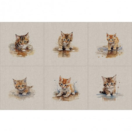 Cotton Rich Linen Look Fabric Digital Puddle Kittens Kitten Cat Cats Panel