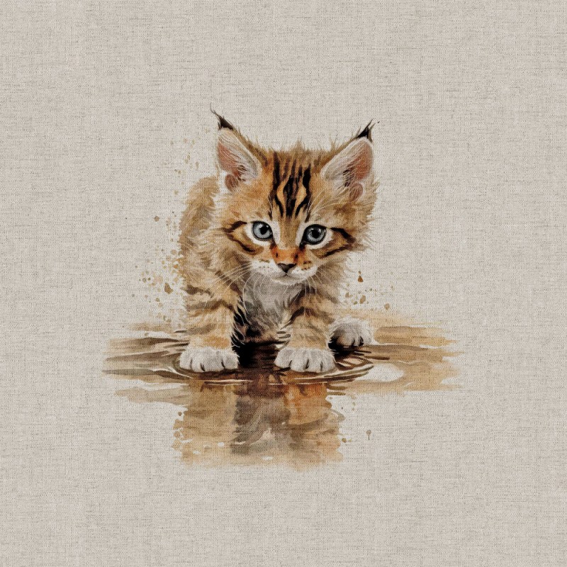 Cotton Rich Linen Look Fabric Digital Puddle Kittens Kitten Cat Cats Panel