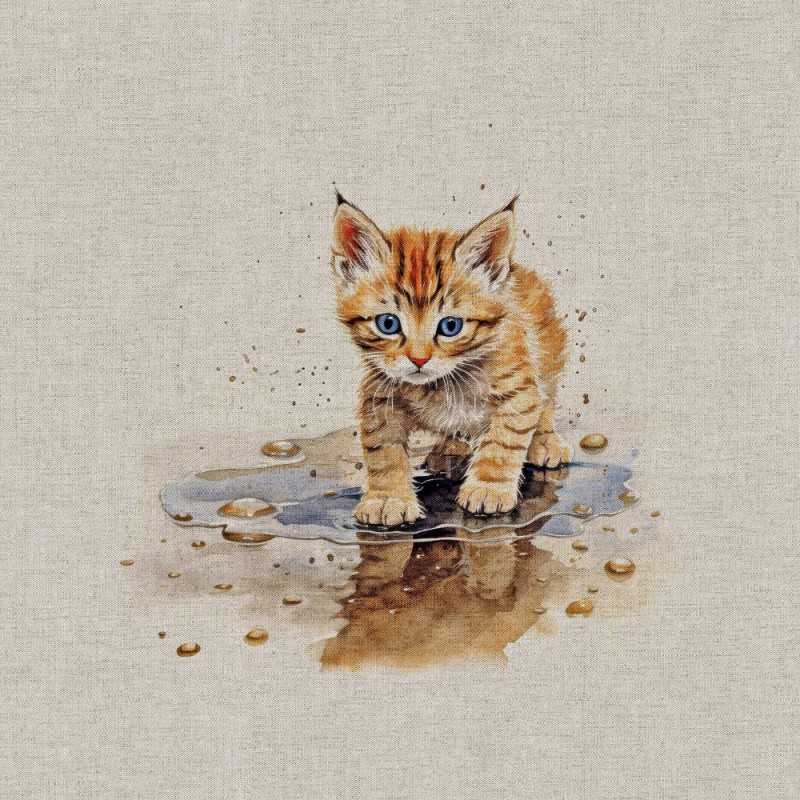 Cotton Rich Linen Look Fabric Digital Puddle Kittens Kitten Cat Cats Panel