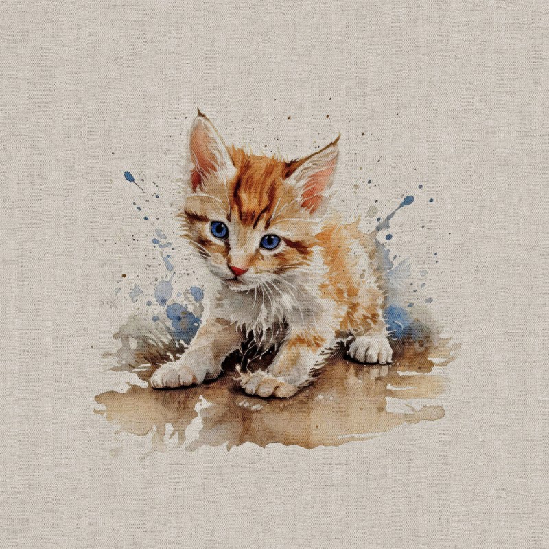 Cotton Rich Linen Look Fabric Digital Puddle Kittens Kitten Cat Cats Panel