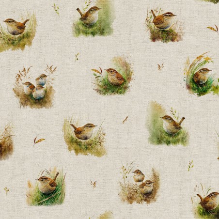 Cotton Rich Linen Look Fabric Digital Wren Bird Birds Animal 140cm Wide