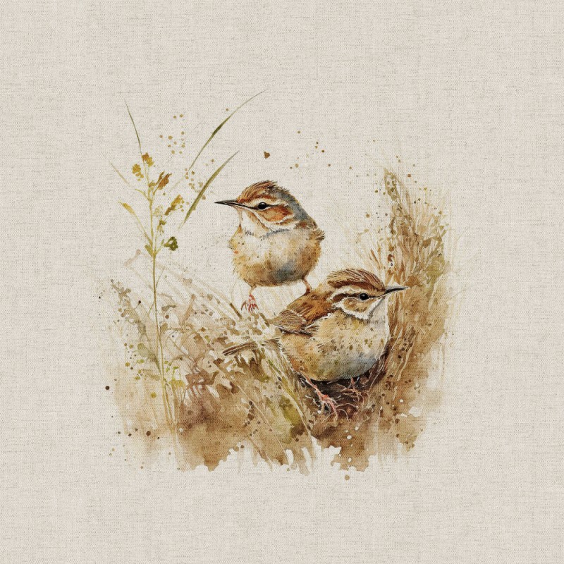 Cotton Rich Linen Look Fabric Digital Wren Bird Birds Animal Panel