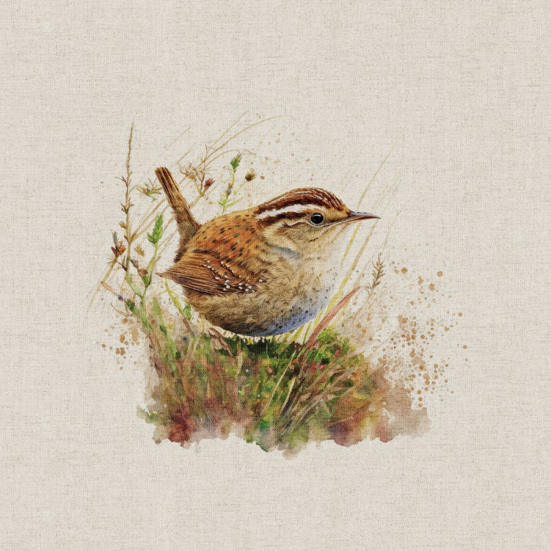 Cotton Rich Linen Look Fabric Digital Wren Bird Birds Animal Panel