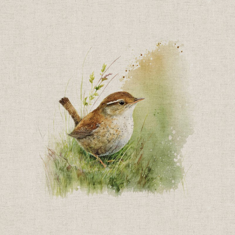 Cotton Rich Linen Look Fabric Digital Wren Bird Birds Animal Panel