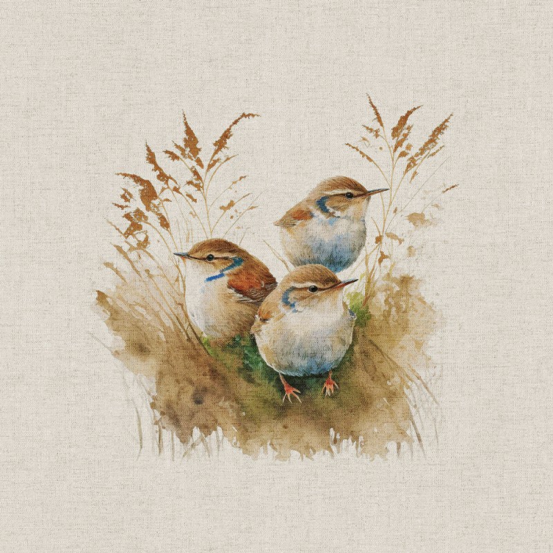 Cotton Rich Linen Look Fabric Digital Wren Bird Birds Animal Panel