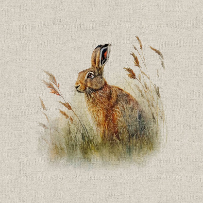Cotton Rich Linen Look Fabric Digital Country Hares Hare Rabbit Panel