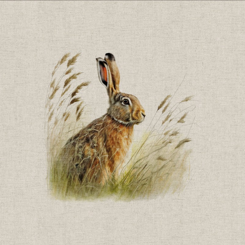 Cotton Rich Linen Look Fabric Digital Country Hares Hare Rabbit Panel