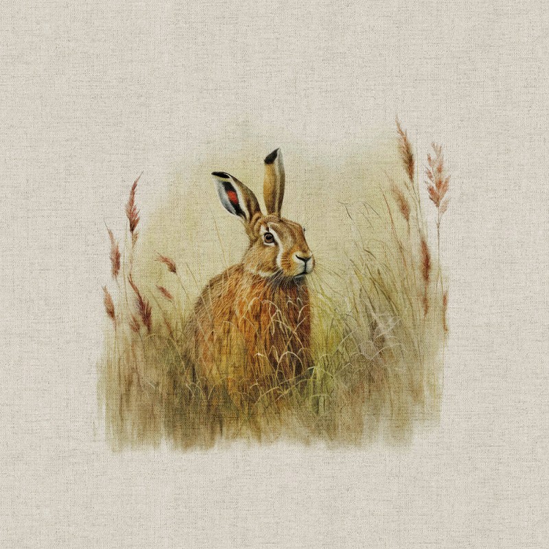 Cotton Rich Linen Look Fabric Digital Country Hares Hare Rabbit Panel