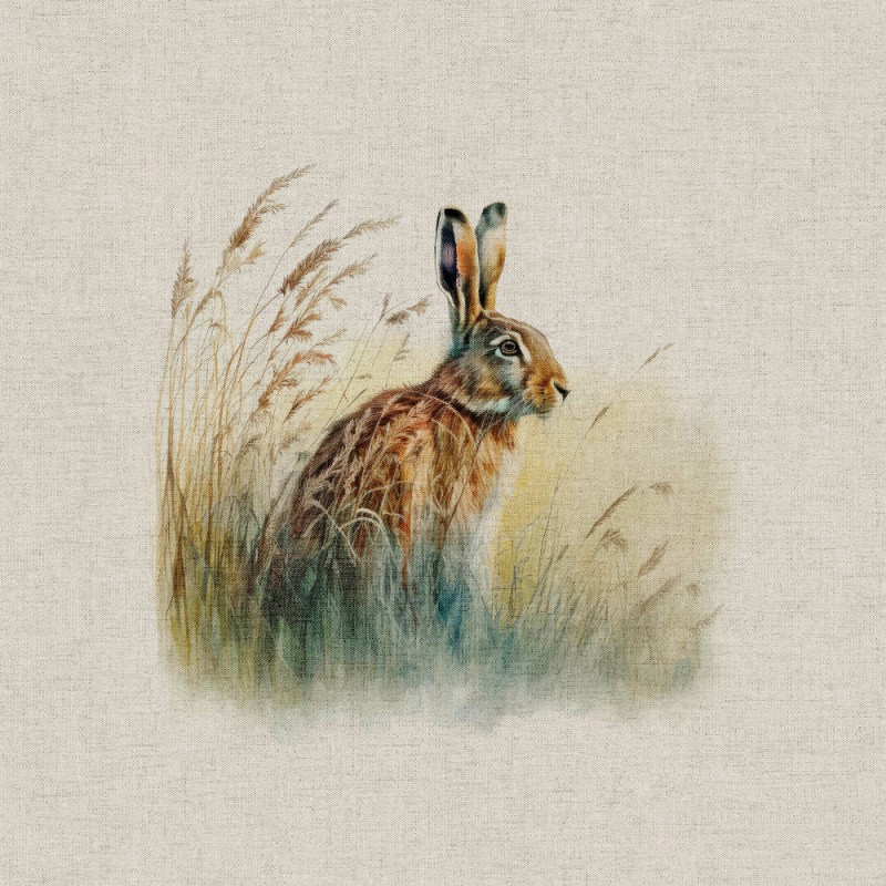 Cotton Rich Linen Look Fabric Digital Country Hares Hare Rabbit Panel