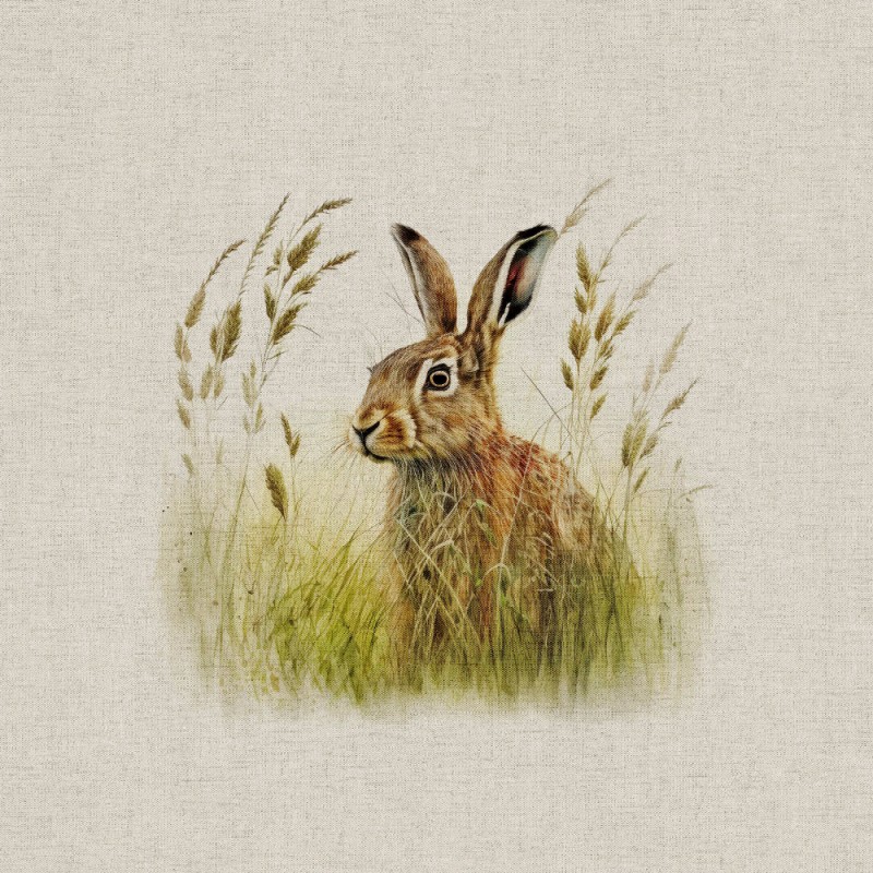Cotton Rich Linen Look Fabric Digital Country Hares Hare Rabbit Panel