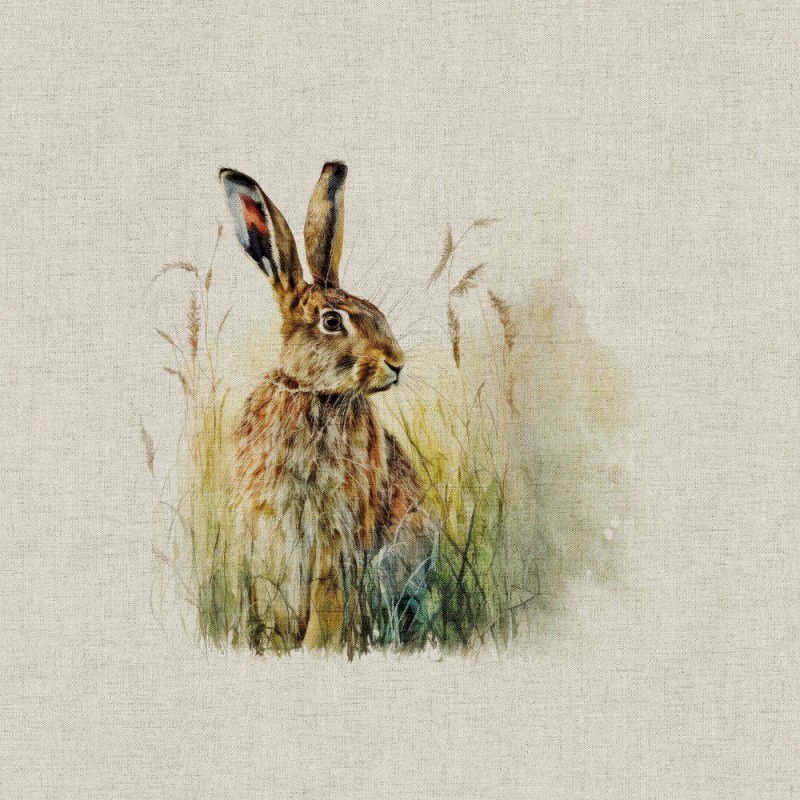 Cotton Rich Linen Look Fabric Digital Country Hares Hare Rabbit Panel